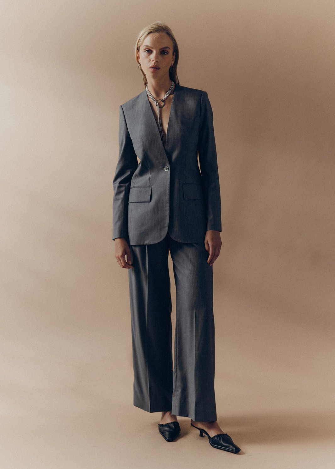 The Lapelless Jacket in Steel Gray Herringbone – LAKAN