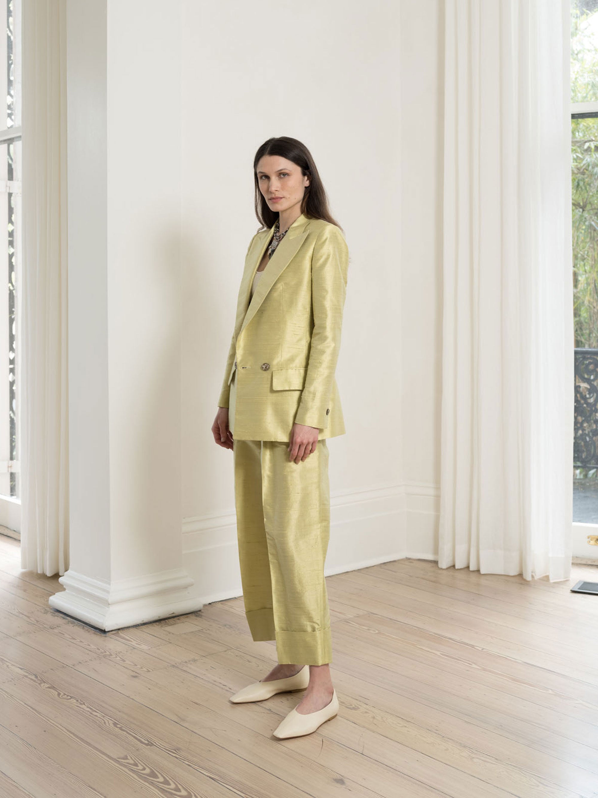 The Signature Dropped Lapel Jacket in Chartreuse Silk – LAKAN